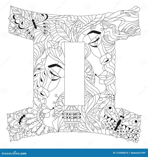 Gemini Zodiac Sign Cute Cartoon Character Retro Zentangle Stylized In