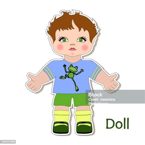 벡터 스티커 만화 작은 귀여운 인형 소년 아이 여름 옷에 미취학 및 초등학교 어린이 인사말 카드 인쇄 카드 텍스트 인형 스크랩북 개구리에 대한 스톡 벡터 아트 및 기타