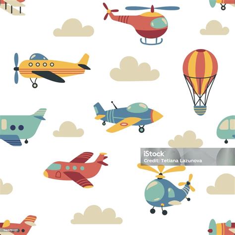 아기 항공 운송 패턴입니다 귀여운 유치한 항공 낙서 아이 비행기 헬리콥터 수송이 있는 보육 벽지의 매끄러운 인쇄 만화 벡터 텍스처 관광에 대한 스톡 벡터 아트 및 기타