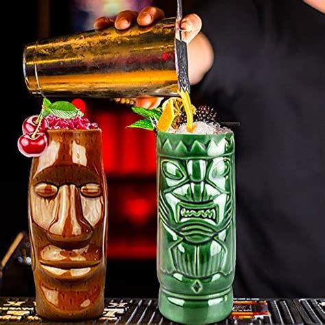 Tiki Mugs Cocktail Set Of 4 Tumblers Ceramic Hawaiian Luau Party Mug