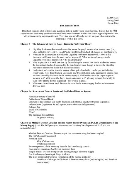 Test 2 Review Sheet Money And Banking Econ 4331 Exams Economics