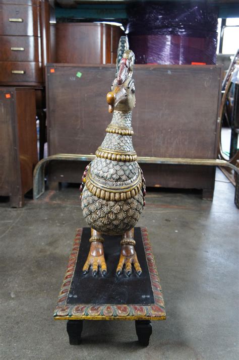 20th C South Indian Life Sized Carved Peacock Sculpture Statue Folk