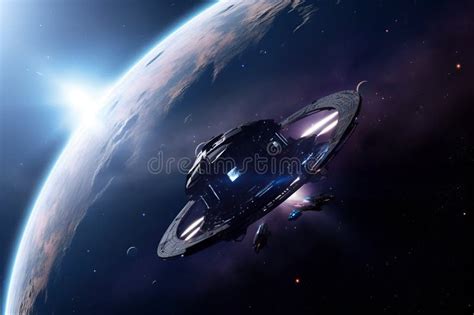 Universe Scene With Spaceship Planets And Stars In Outer Space Ai Generated Stock Illustration