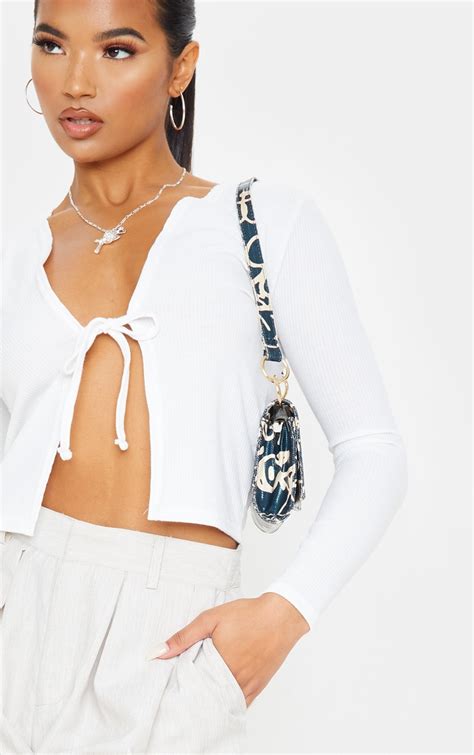 White Rib Tie Front Long Sleeve Crop Top Prettylittlething Usa