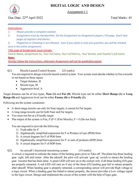 assignment 1 digital logic and design digital logic and design