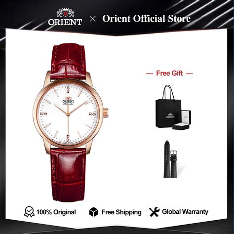 오리지널 오리엔트 메칸 여성용 시계 로즈 골드 시스루 케이스백 크리스탈 장식 레드 가죽 스트랩 미네랄 크리스탈 Aliexpress