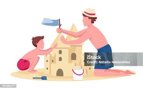아버지와 아들 건물 샌드 캐슬 플랫 컬러 벡터 얼굴없는 문자 웹 그래픽 디자인 및 애니메이션을위한 해변 고립 만화 일러스트레이션의 가족 여름 엔터테인먼트 해변에 대한 스톡