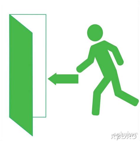 Stick Man Running Towards Open Door Emergency Exit Sign • Wall Stickers Background Cartoon