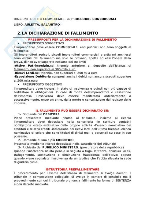 Riassunti Diritto Commerciale Procedure Concorsuali