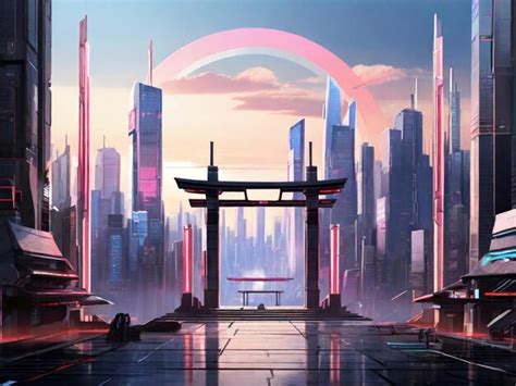 premium photo futuristic gate in the city at sunset 3d render