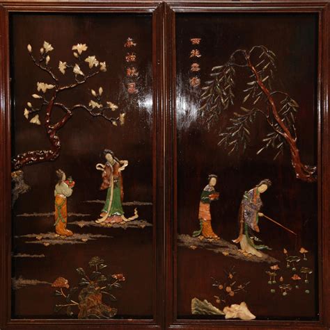 Pair Chinese Wood Jade Inlay Panels Pair Of Large Chinese Lacquered Wood Wall Plaque Hangings