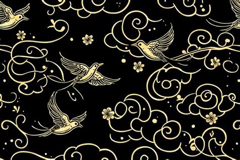 Gold Birds And Clouds Pattern Premium Ai Generated Image