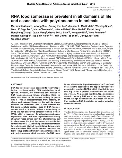Pdf Rna Topoisomerase Is Prevalent In All Domains Of Life And Associates With Polyribosomes In