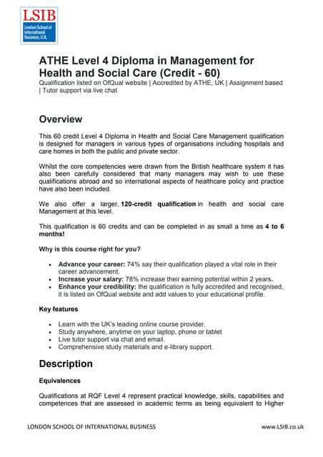 Athe Level 4 Diploma In Management For Health And Social Care Credit 60 Pdf