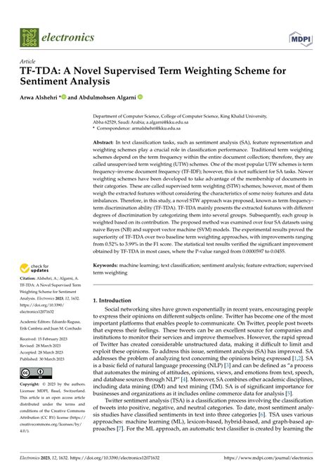 PDF TF TDA A Novel Supervised Term Weighting Scheme For Sentiment