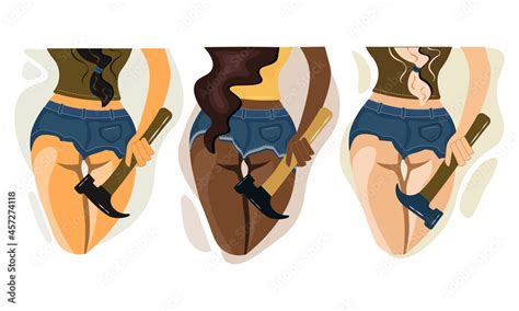 Set With Three Sexy Colorful Girls With A Hammer In Hand Lovely Women Of Different