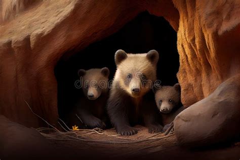 Bear Cubs Playing In Their Den While The Mother Bear Keeps Watch Stock
