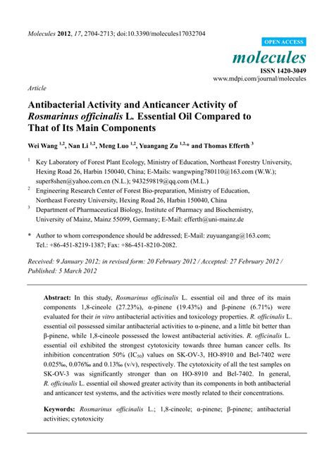 Pdf Antibacterial Activity And Anticancer Activity Of Rosmarinus Officinalis L Essential Oil