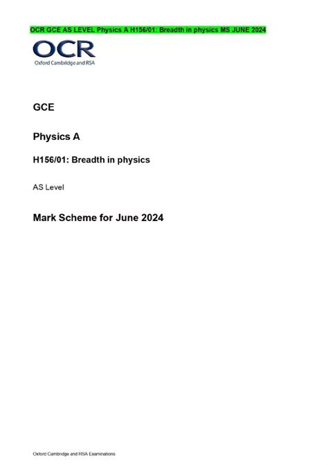 OCR GCE AS LEVEL Physics A H156 01 Breadth In Physics MS JUNE 2024 Ocr Stuvia US