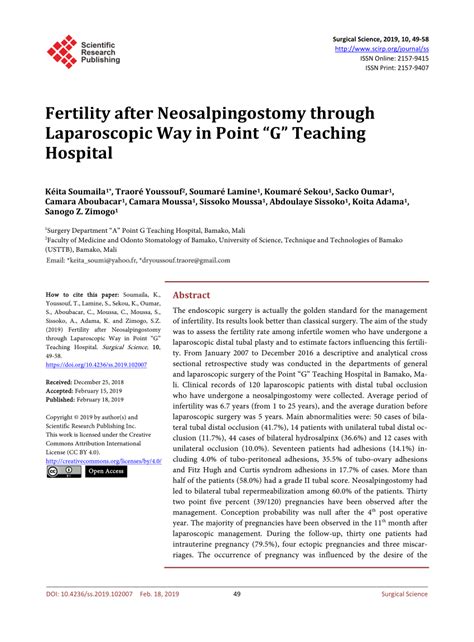 Pdf Fertility After Neosalpingostomy Through Laparoscopic Way In Point “g” Teaching Hospital