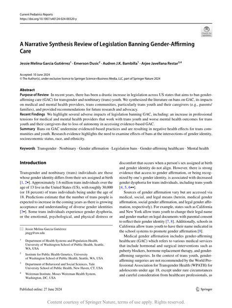 A Narrative Synthesis Review Of Legislation Banning Gender Affirming Care