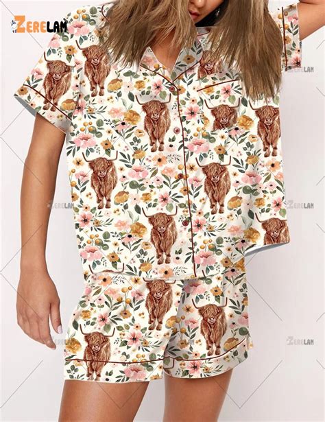 Floral Highland Cow Pajama Set Zerelam