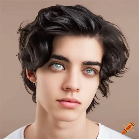Young Man With Shoulder Length Wavy Black Hair And Green Eyes On Craiyon