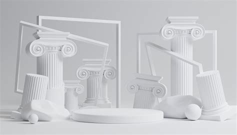 브랜딩 프레젠테이션 3d 렌더링 삽화를 위한 흰색 배경이 있는 제품 배경에 대한 로마 기둥이 있는 3d 럭셔리 연단 0명에 대한
