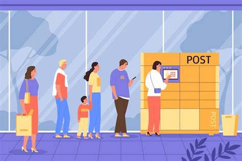 우체국 벡터 일러스트레이션에서 소포를 픽업하려는 사람들의 터미널 배달 구성 대기열 프리미엄 벡터