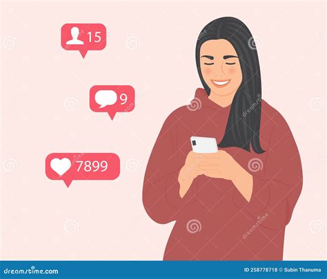 Happy Woman With Smartphone In Hand Checking Her Social Media Accounts
