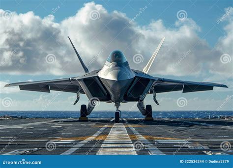 Low Angle Front View Of An F 22 Raptor Fighter Jet Ready To Take Off