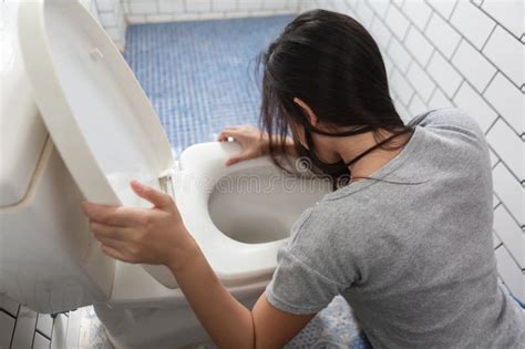 Woman Drunk Hangover Puke In Toilet Bowl Female Have Abdominal Pain