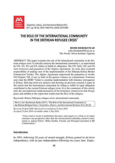 Pdf The Role Of The International Community In The Eritrean Refugee Crisis