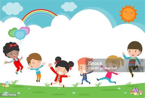 아이 들 놀이터에서 점프 기쁨 행복 한 만화 아이 아이에 배경 광고 안내 책자에 대 한 서식 파일 텍스트 아이 프레임 연주와 프레임 벡터 일러스트 레이 션 어린이 점프