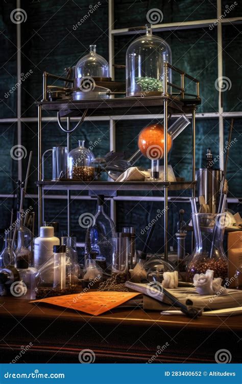 Science Experiment Setup With Lab Equipment And Notes Stock