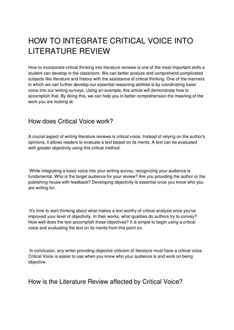 PPT HOW TO INTEGRATE CRITICAL VOICE INTO LITERATURE REVIEW PowerPoint