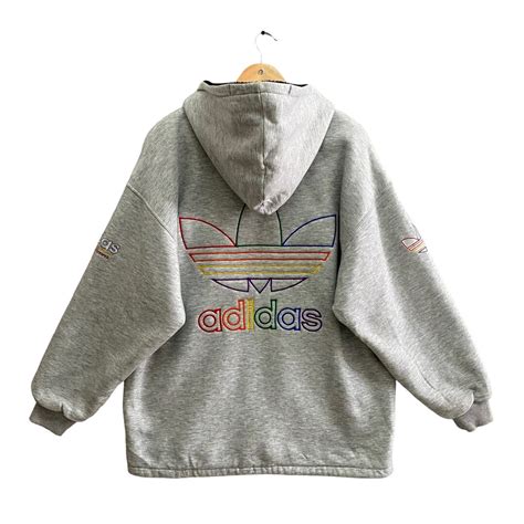Vintage 90s Adidas Trefoil Rainbow Grey Hoodie Sweatshirt Size Medium