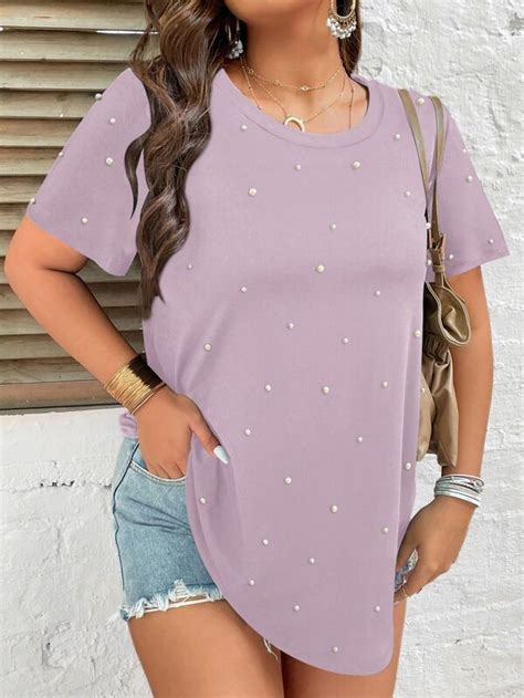 Shein Lune Plus Pearls Beaded Tee Shein Usa