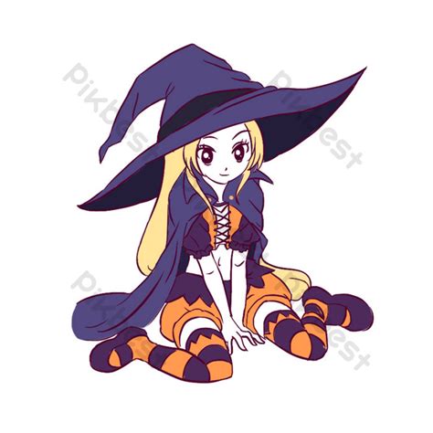 องค์ประกอบการ์ตูนวาดด้วยมือแม่มดสาวฮาโลวีน องค์ประกอบกราฟฟิก แบบ Psd
