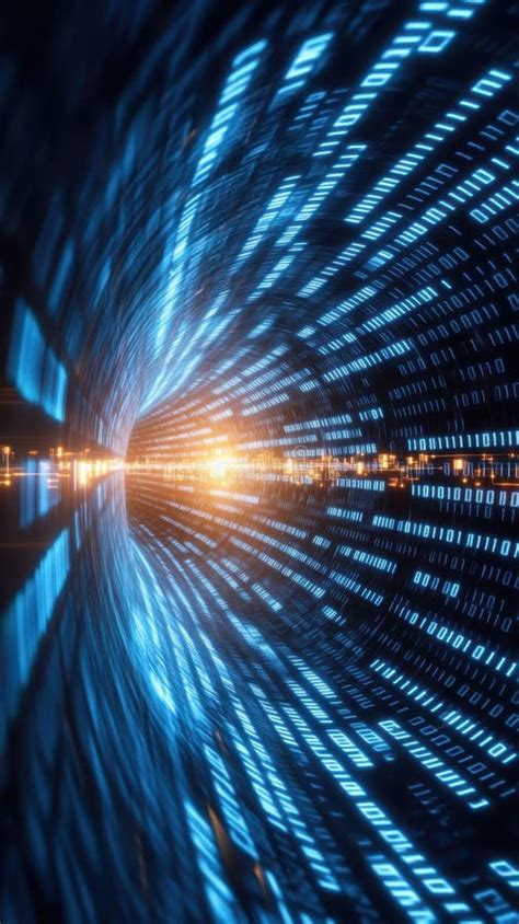 Digital Tunnel With Flowing Binary Code And Glowing Lights Stock