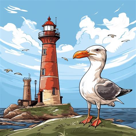 Premium Photo Cartoon Seagull Standing On A Rock Near A Lighthouse Generative Ai