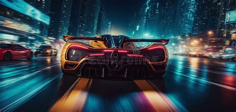 Conceptual Sports Car Races Very Dynamically On A Wide Road In The City