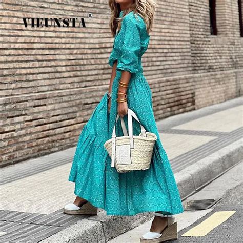 우아한 프린트 파티 드레스 여성용 레이크 블루 보헤미안 긴 캐주얼 기질 주름 하이 웨스트 셔츠 드레스 신제품 봄