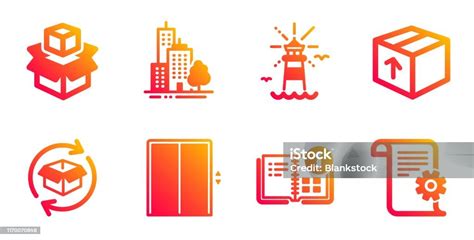 指令資訊返回包裹和包裝箱圖示設置燈塔摩天大樓和電梯標誌向量向量圖形及更多包裹圖片 包裹 商務 圖標集 Istock