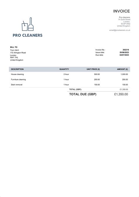 Printable Cleaning Service Invoice Template