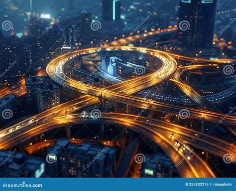 Full Frame Of City Overpass At Night Circular Flyover And Traffic