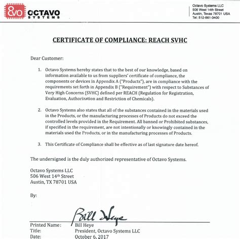 Reach Svhc Compliance Certificate 102017 Signed Octavo Systems