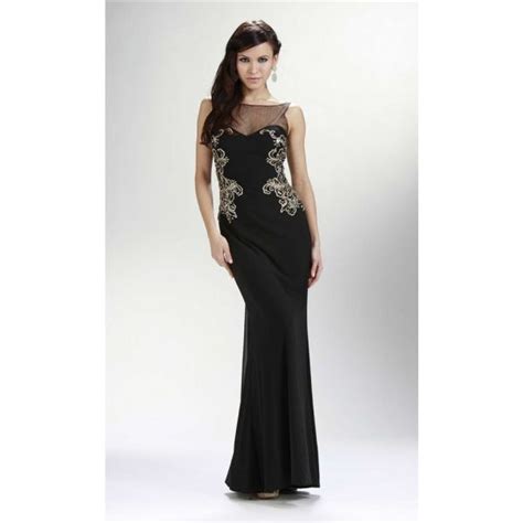Sheath Illusion Neckline Open Back Long Black Chiffon Embroidery Prom Dress