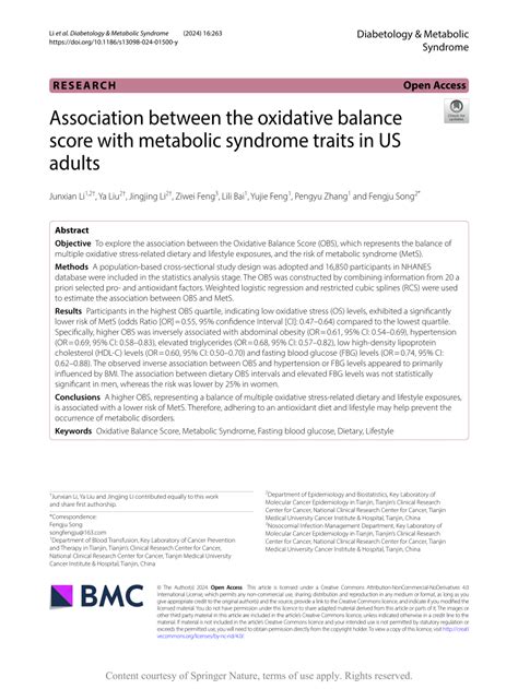 Pdf Association Between The Oxidative Balance Score With Metabolic Syndrome Traits In Us Adults