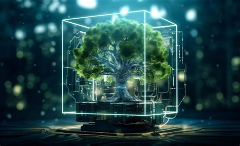 Tree Growing On Digital Cube Digital And Technology Convergence Stock